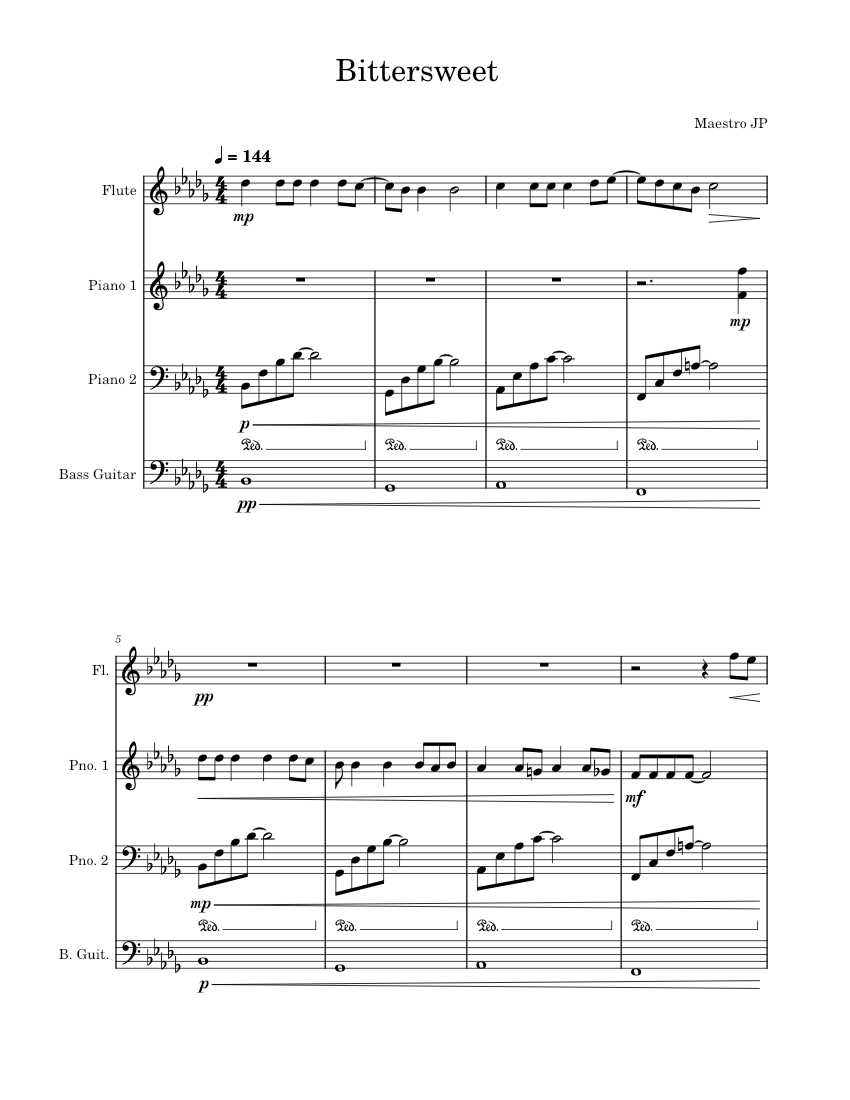 Bittersweet Sheet Music for Piano, Flute, Bass guitar (Mixed Ensemble ...