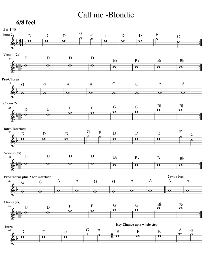 Call me -Blondie Sheet Music with Chords for Piano (Solo) easy ...