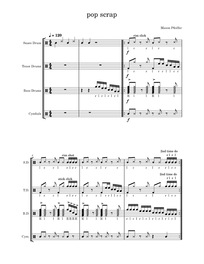 pop scrap audio 1 Sheet music for Snare drum, Crash, Tenor drum, Bass ...