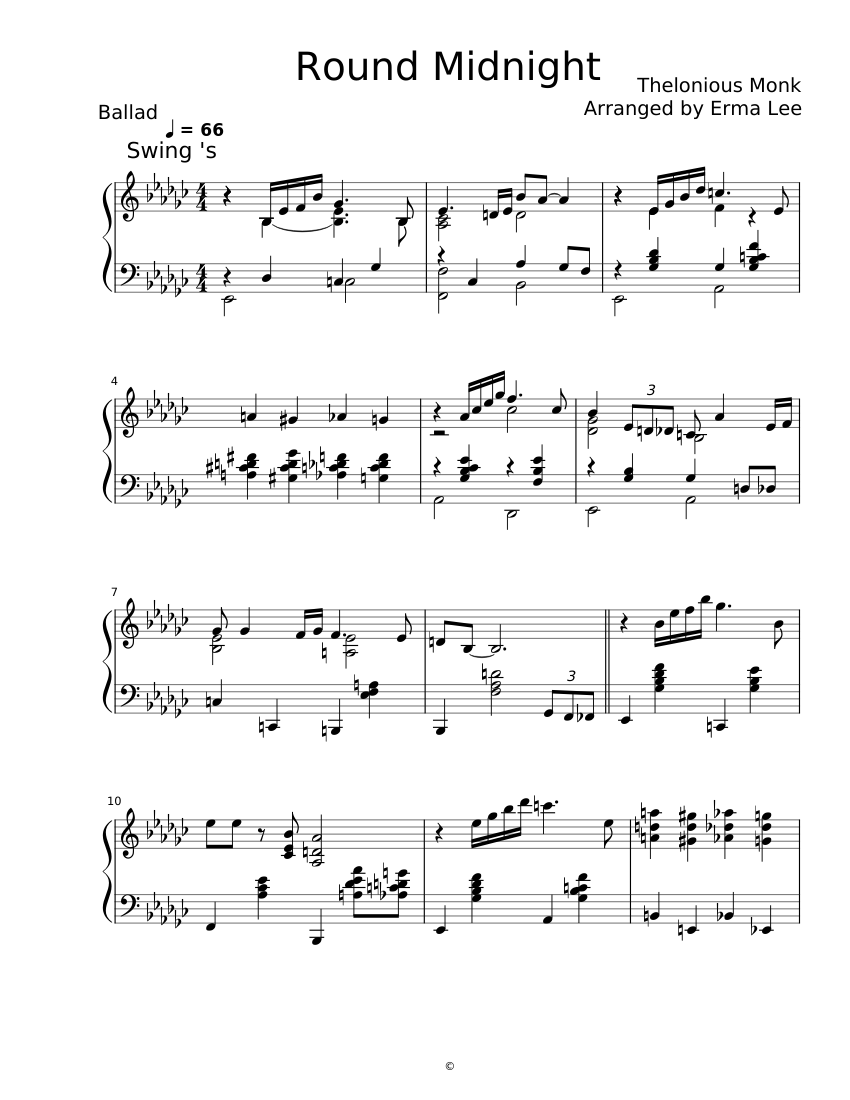 'Round Midnight – Thelonious Monk Sheet music for Piano (Solo ...