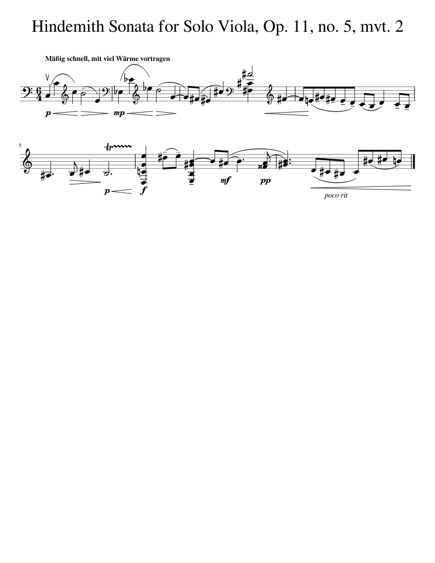 Hindemith Sonata for Solo Viola, Op. 11, no. 5, mvt. 2 Sheet Music for ...