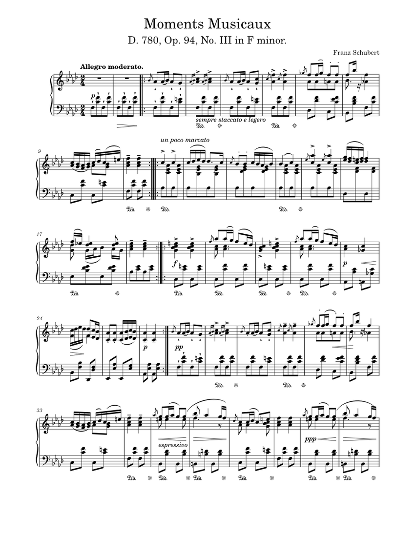 Moments Musicaux D. 780, Op. 94 No. 3 — Franz Schubert Sheet Music for Piano (Solo) | MuseScore.com