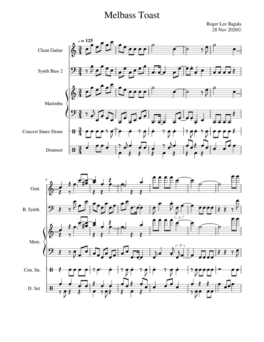 Melbass Toast Sheet music for Piano, Snare drum, Bass guitar, Drum ...