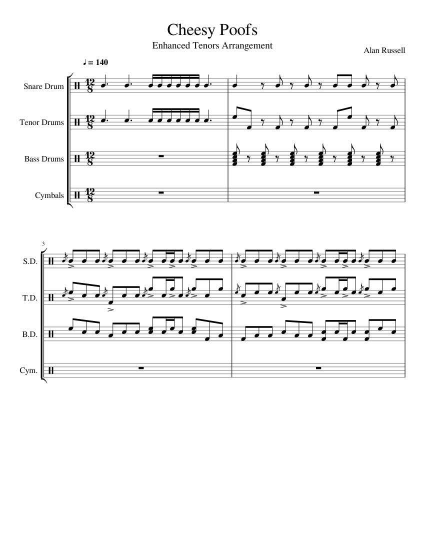 Cheesy Poofs Sheet music for Snare drum, Crash, Tenor drum, Bass drum ...