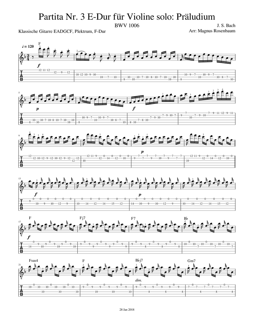 Bach - Partita 3 - Praeludium - Gitarre EADGCF Sheet music for Guitar ...