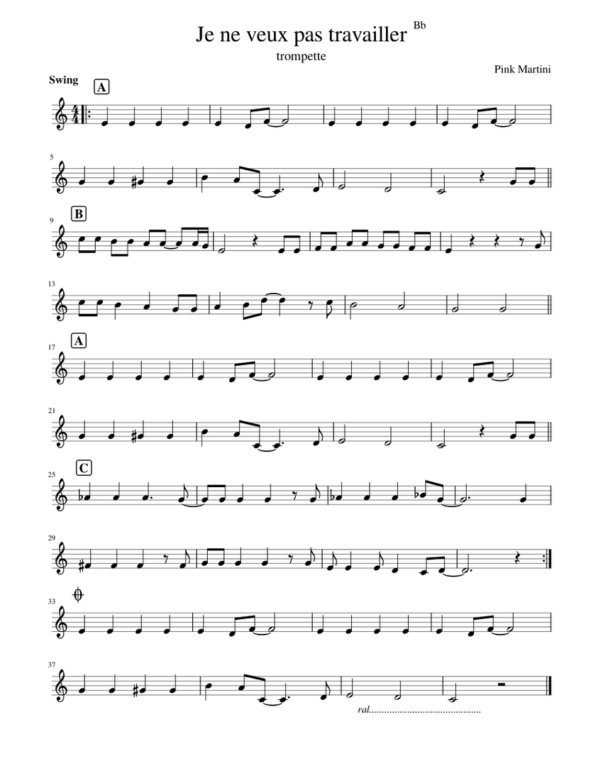 Je ne veux pas travailler Sheet Music for Trumpet in b-flat (Solo ...