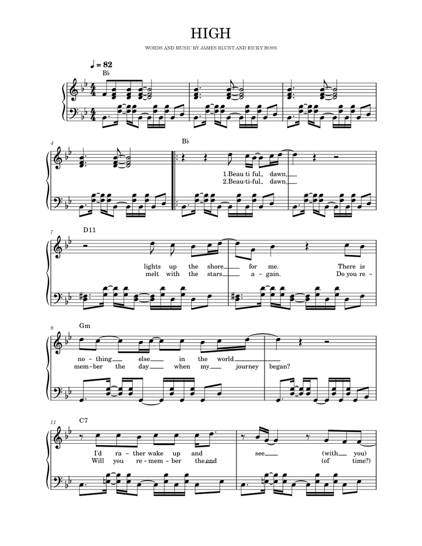 High – James Blunt Sheet Music with Chords for Piano (Solo) | MuseScore.com