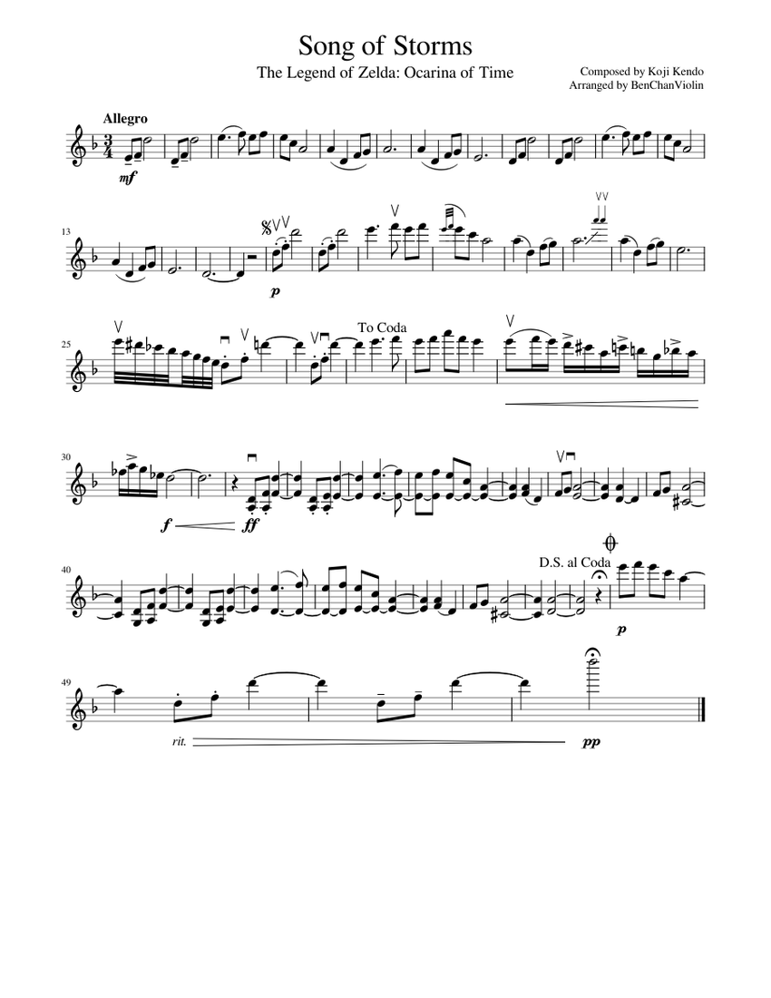 The Legend of Zelda - Song of Storms Sheet Music for Violin (Solo ...