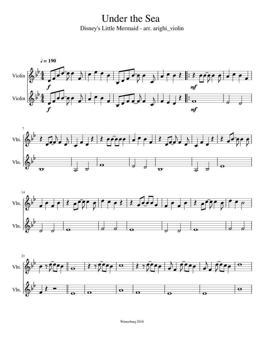 Under the Sea - violin duet arrangement Sheet Music for Violin (String ...