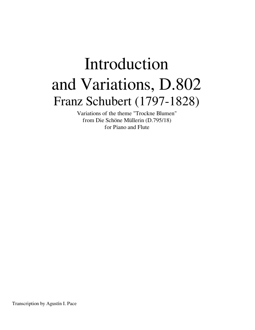 Schubert - Introduction and Variations, D. 802 ("Trockne Blumen") Sheet Music for Piano, Flute ...
