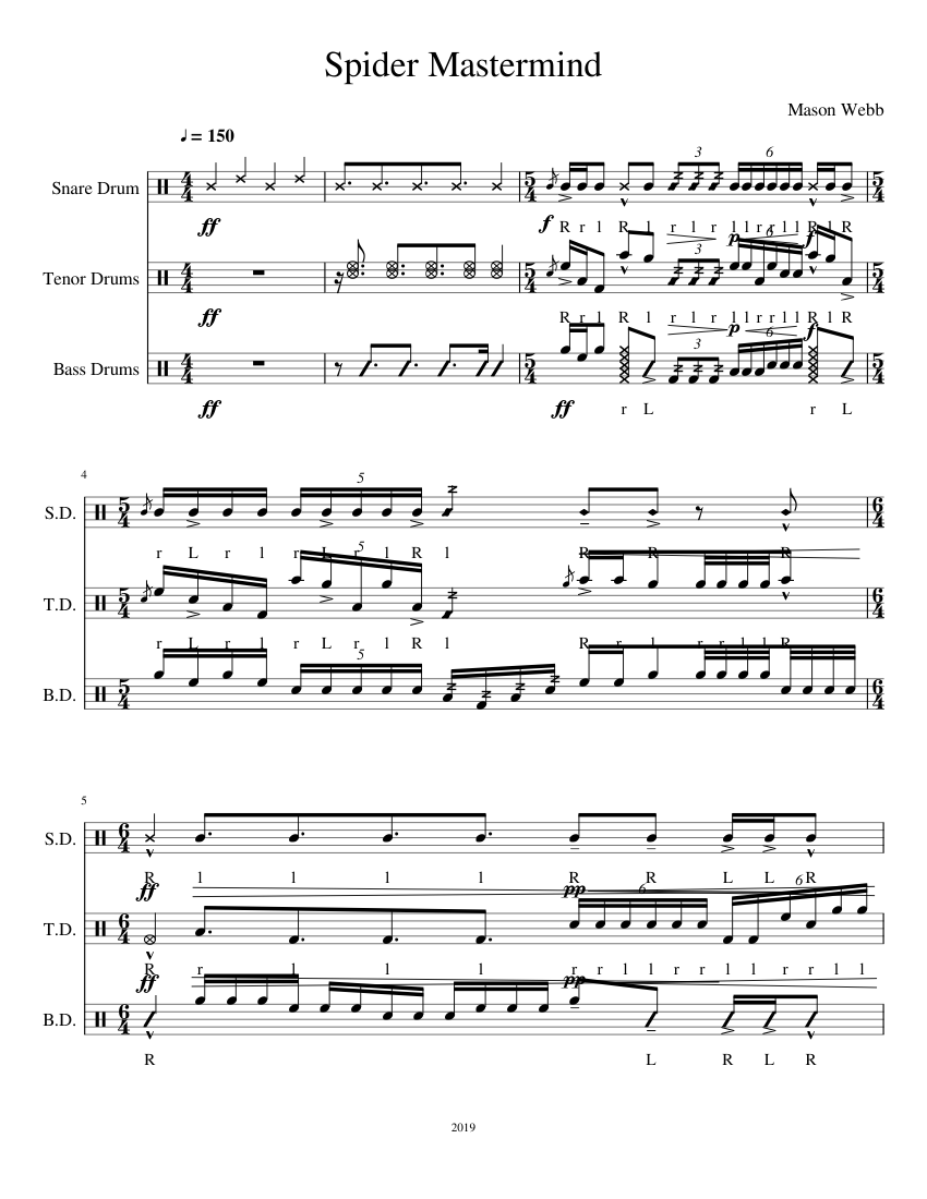 Spider Mastermind Sheet Music for Snare drum, Tenor drum, Bass drum ...