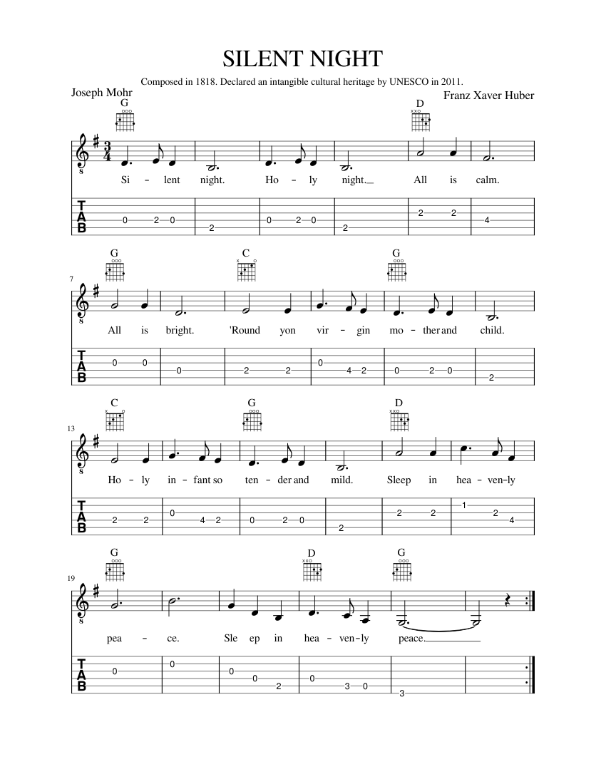 Silent Night - Simple Guitar Tab and Chords Sheet Music for Guitar ...