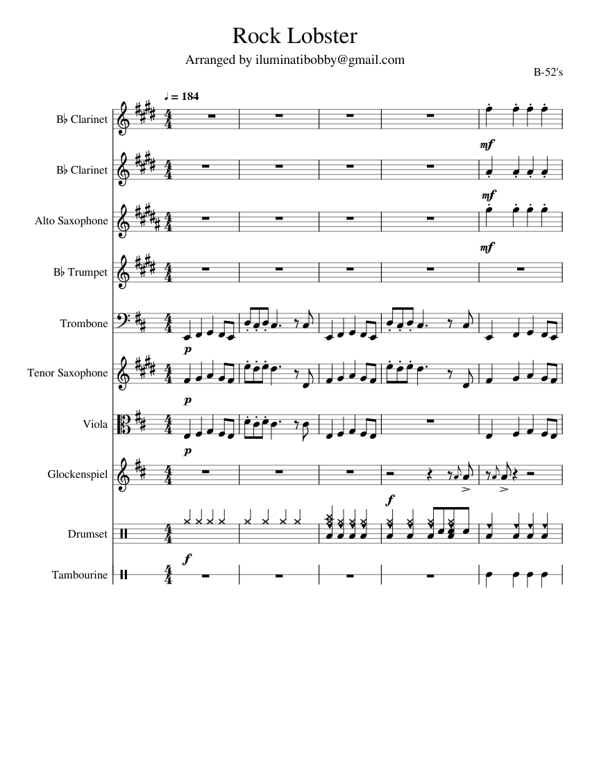 Rock Lobster - Preview Sheet Music for Trombone, Tambourine, Clarinet ...