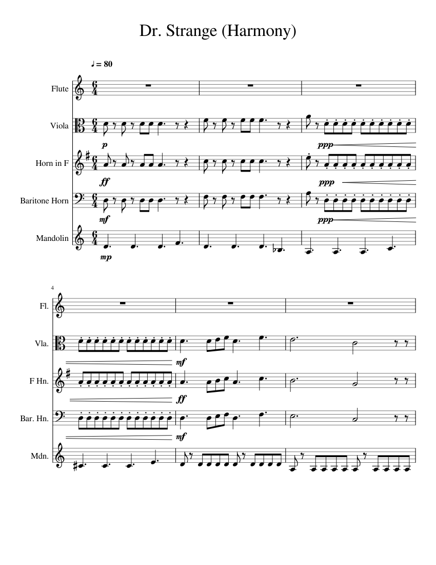Doctor Strange melody Harmony Sheet music for Flute, French horn, Viola ...