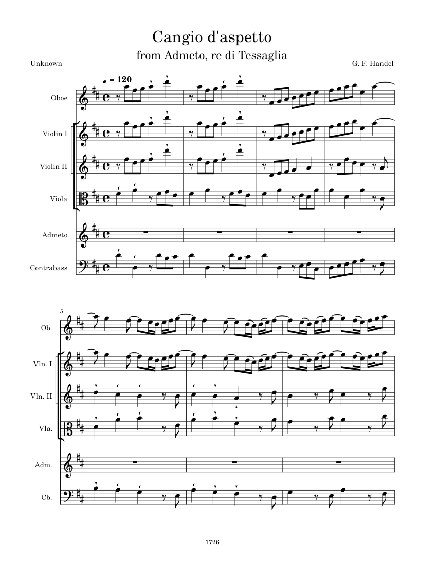 Cangio d'aspetto - G. F. Handel Sheet Music for Alto, Oboe, Contrabass ...