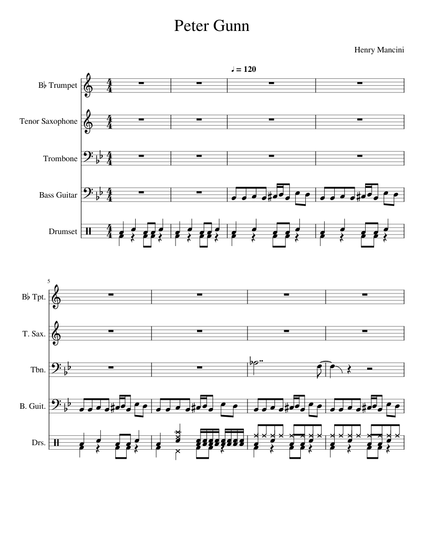Peter_Gunn Sheet music for Trombone, Saxophone tenor, Trumpet in b-flat, Bass guitar & more ...
