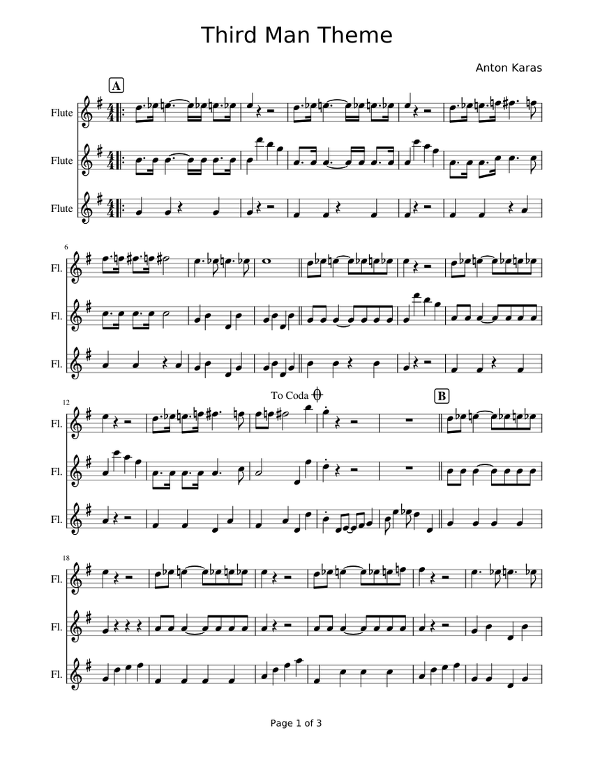 Third Man Theme for 3 flutes Sheet music for Flute (Mixed Trio ...