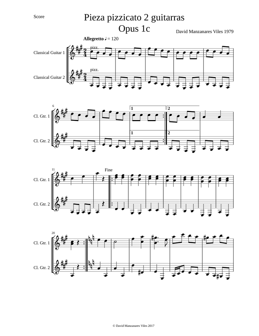 Pieza Pizzicato 2 guitarras opus 1c Sheet music for Guitar (Solo ...