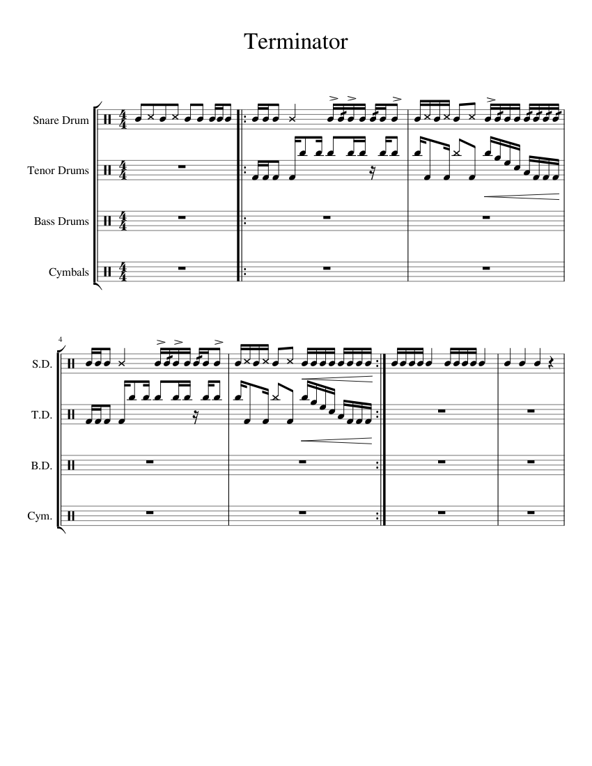 Terminator Sheet Music for Snare drum, Crash, Tenor drum, Bass drum ...