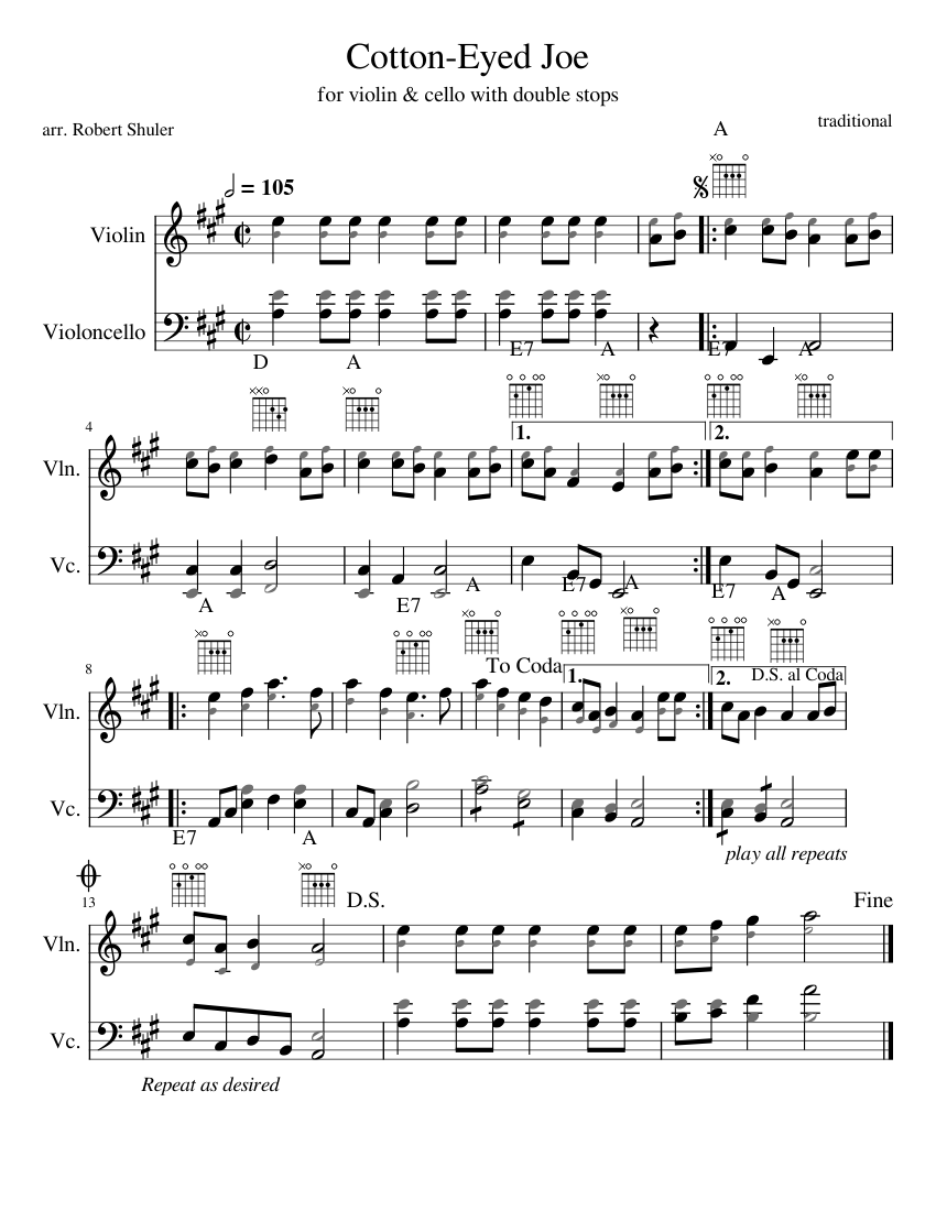 Cotton-eyed Joe – Misc tunes Sheet Music with Chords for Violin, Cello ...