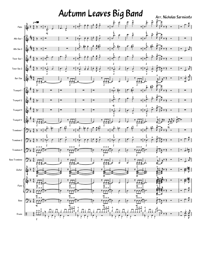 Autumn Leaves Big Band Sheet Music for Piano, Trombone, Trombone bass ...