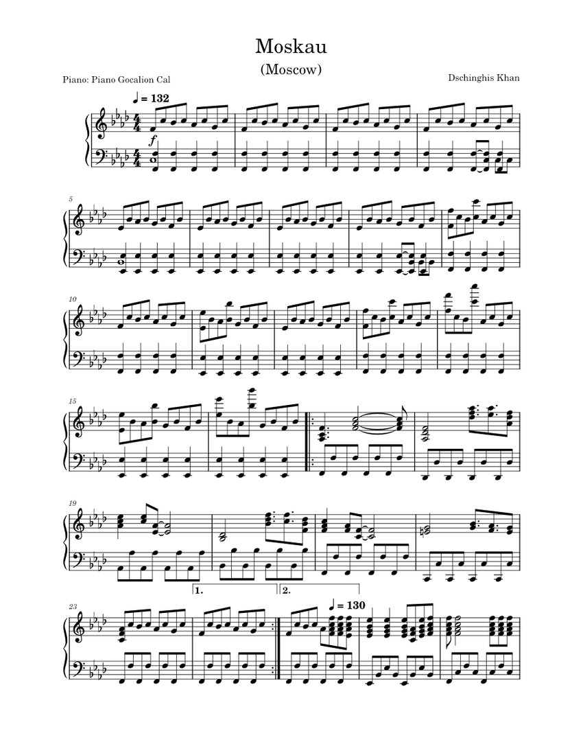 Moskau – Dschinghis Khan Moskau Sheet Music for Piano (Solo ...