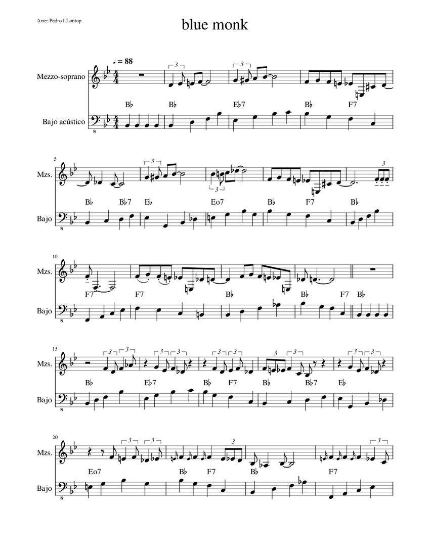 blue monk Sheet music for Mezzo soprano, Bass guitar (Mixed Duet ...