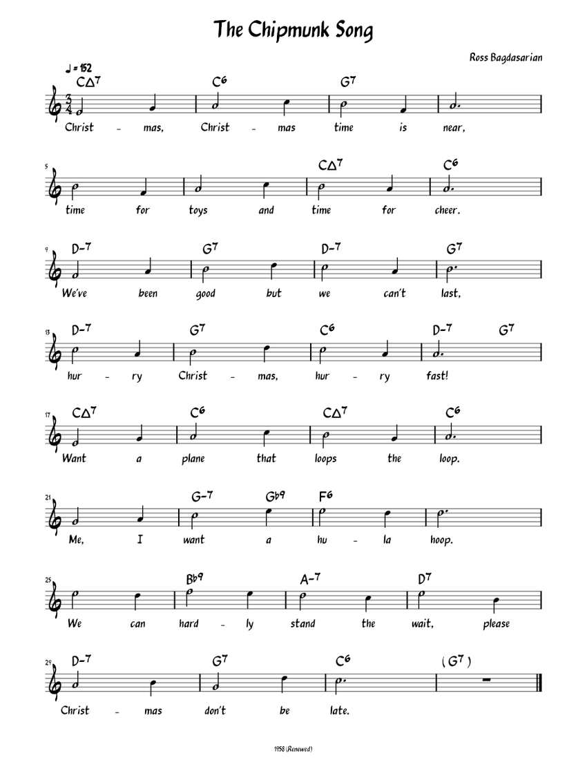 Chipmunk Song (Lead sheet with lyrics ) Sheet Music for Piano (Solo ...