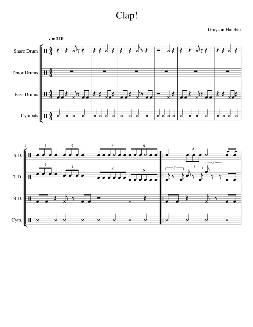 Clap! Sheet music for Snare drum, Crash, Tenor drum, Bass drum (Mixed ...