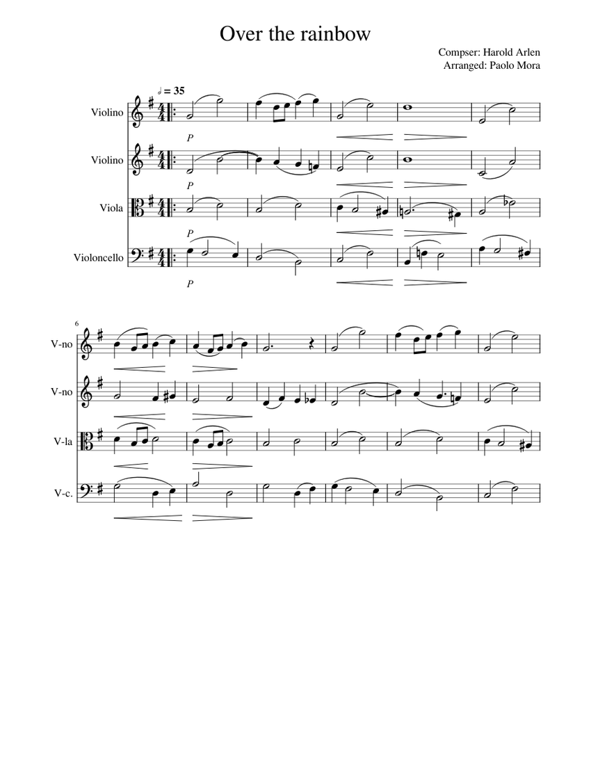 Over the Rainbow Sheet Music for Violin, Viola, Cello (String Quartet ...