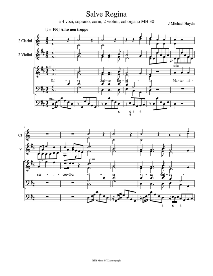Salve Regina in D, MH 30 Composer: Johann Michael Haydn Sheet music for Organ, Vocals, Violin ...