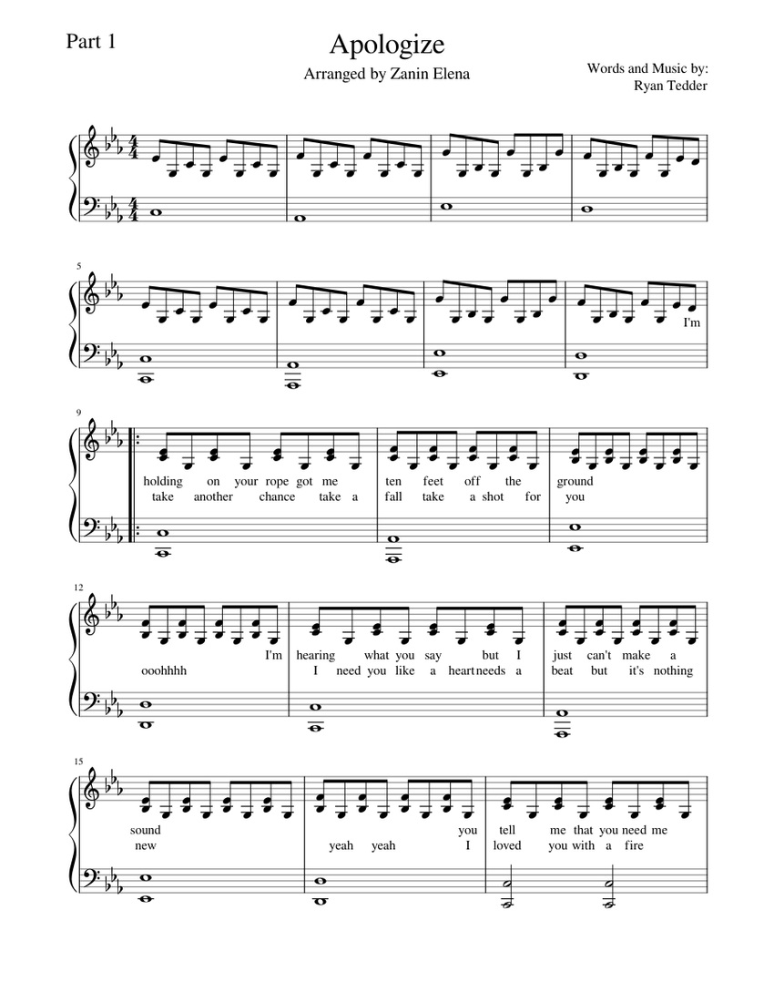 Apologize- One Republic - piano solo Sheet Music for Piano (Solo) easy ...