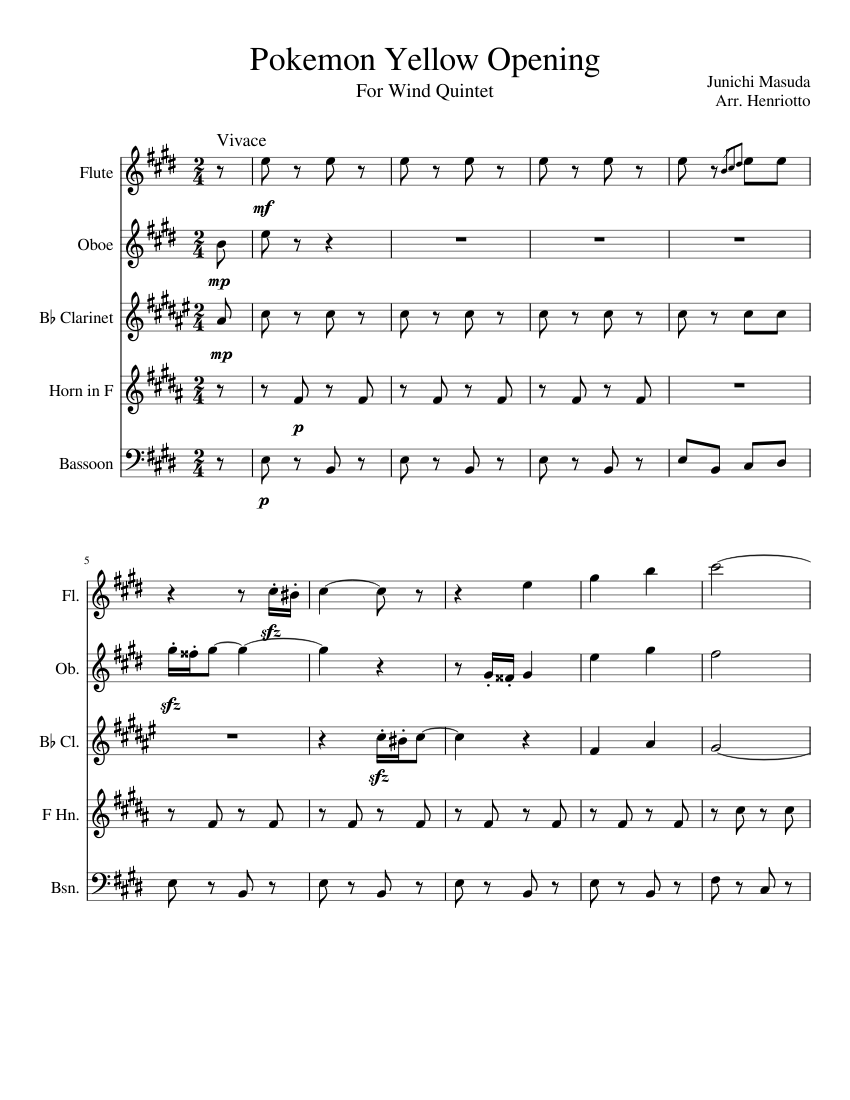 Pokemon Yellow Opening Sheet music for Flute, Oboe, Clarinet in b-flat ...