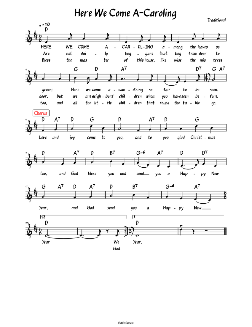 Here We Come A-Caroling (Lead sheet with lyrics ) Sheet Music with ...