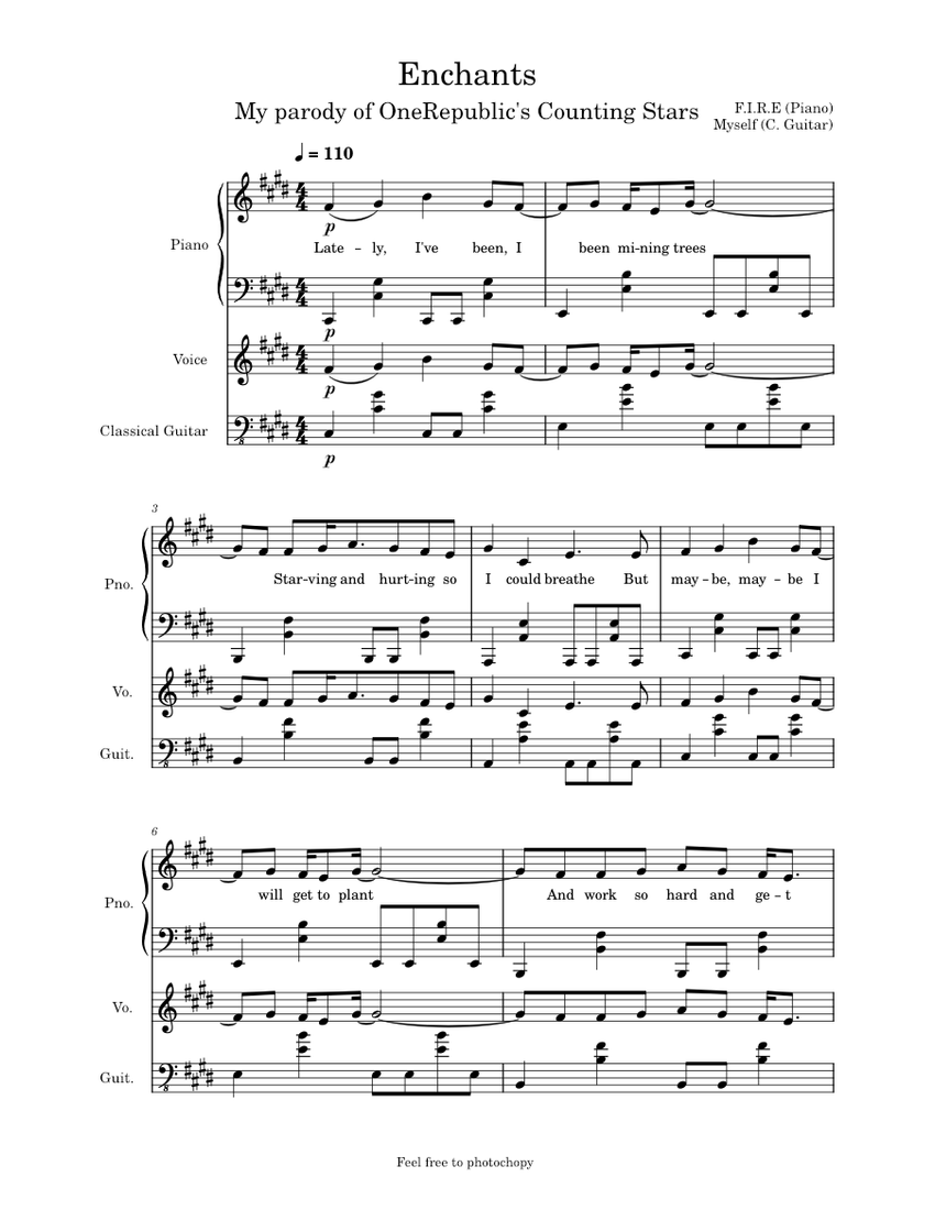 Enchants - A Minecraft Parody Of 'Counting Stars' by OneRepublic Sheet ...