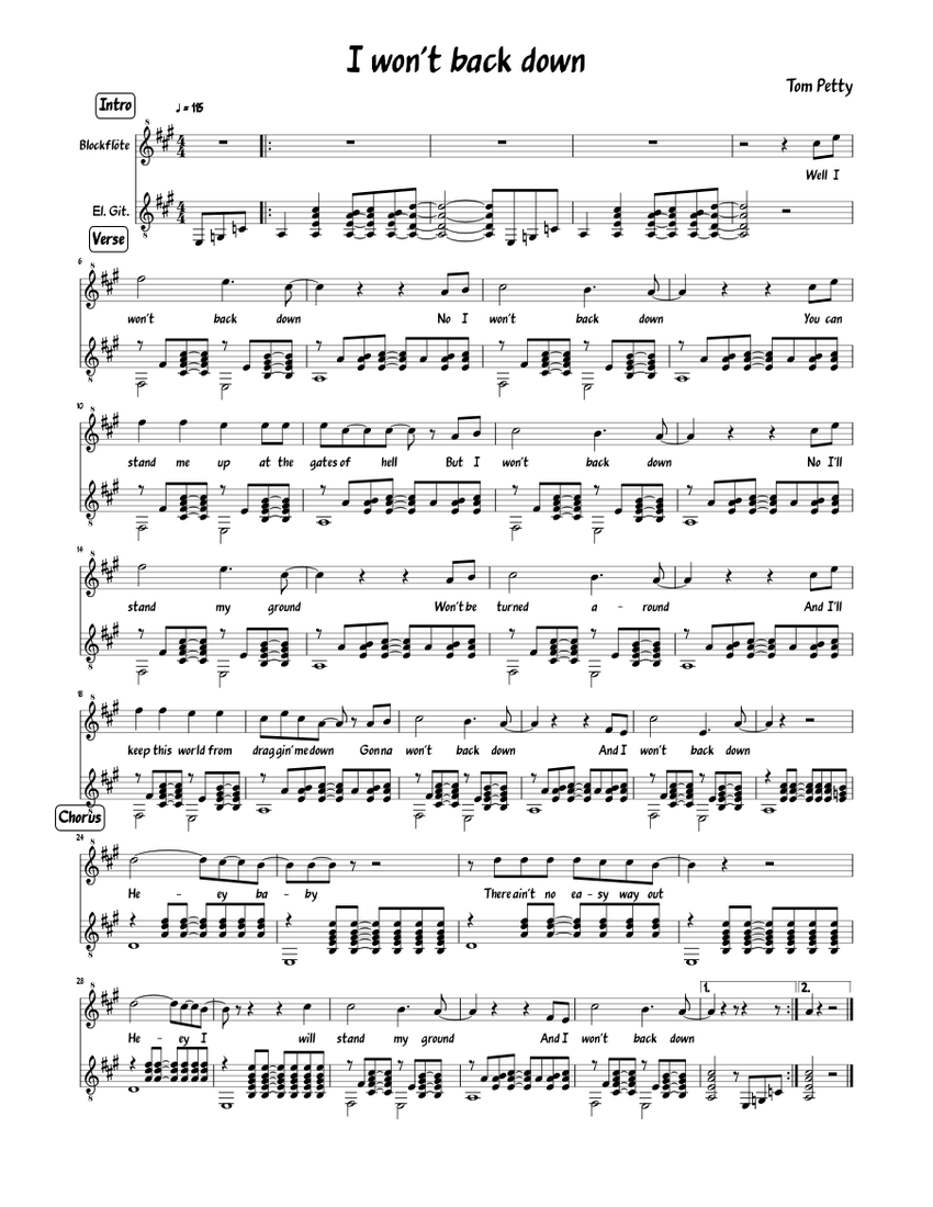I wont back down - Tom Petty Sheet music for Guitar, Recorder (Mixed Duet) | Musescore.com