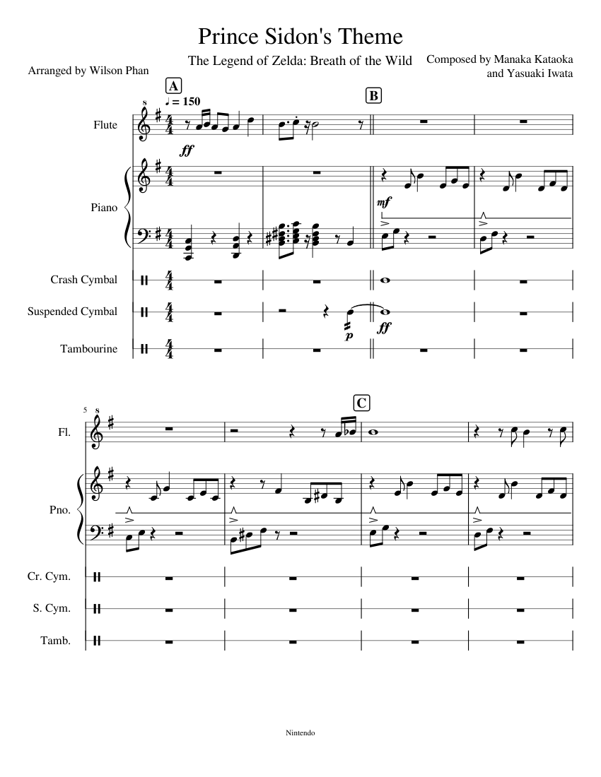 Prince Sidon's Theme Sheet music for Piano, Tambourine, Flute, Crash ...