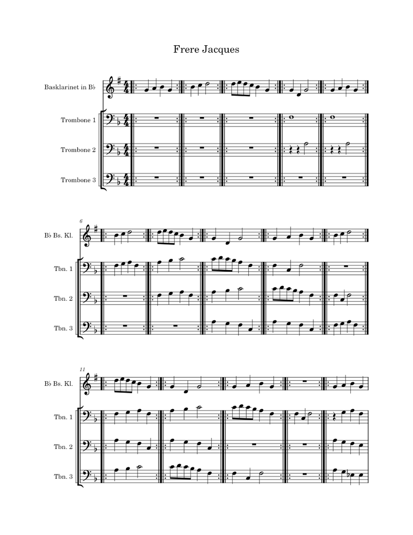frere jacques Sheet music for Trombone, Clarinet bass (Mixed Quartet ...