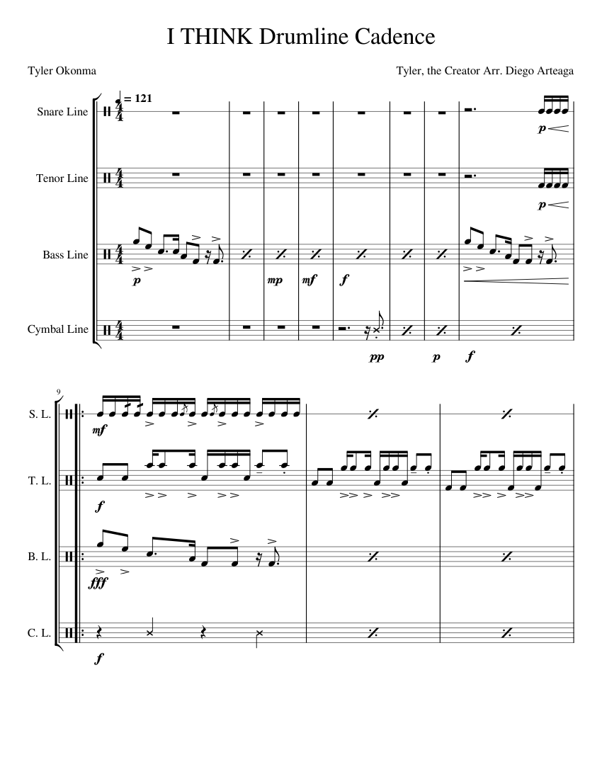 I THINK Drumline Cadence Sheet Music for Snare drum, Crash, Tenor drum ...
