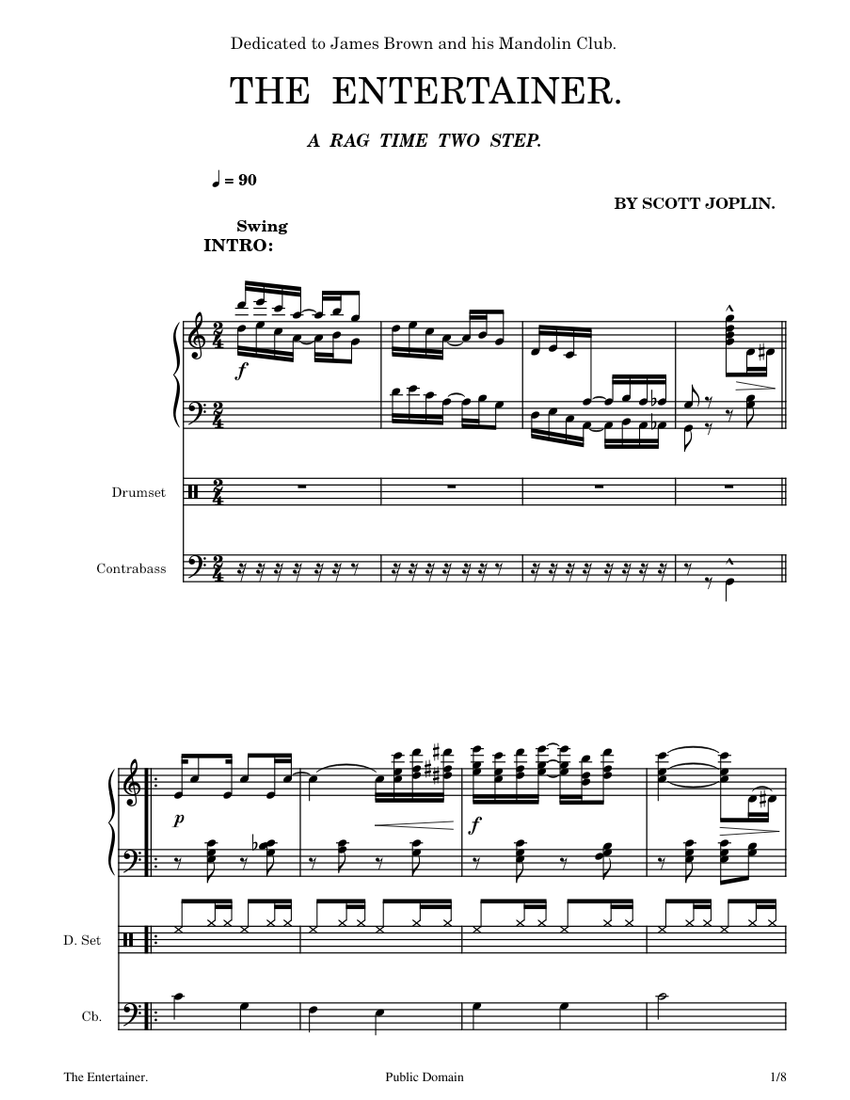 The Entertainer Scott Joplin Sheet Music for Piano, Contrabass, Drum ...