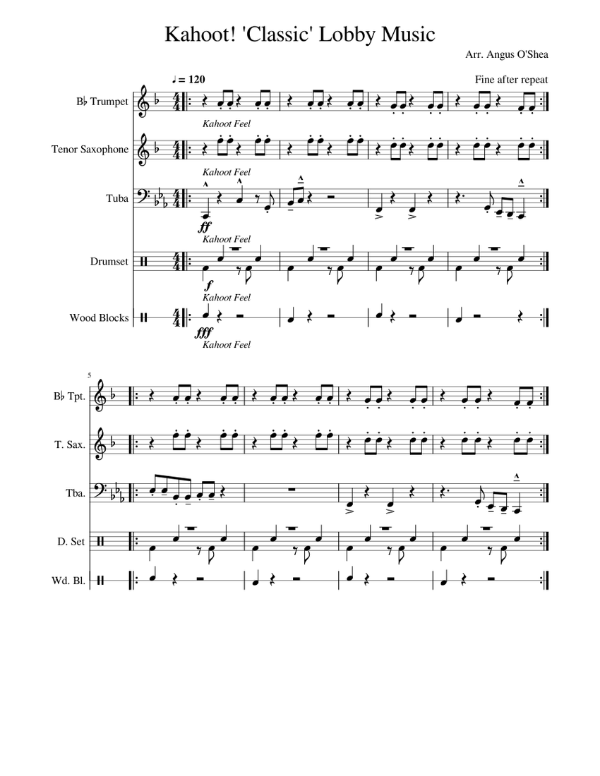 Kahoot! 'Classic' Lobby Music Sheet Music for Tuba, Saxophone tenor ...