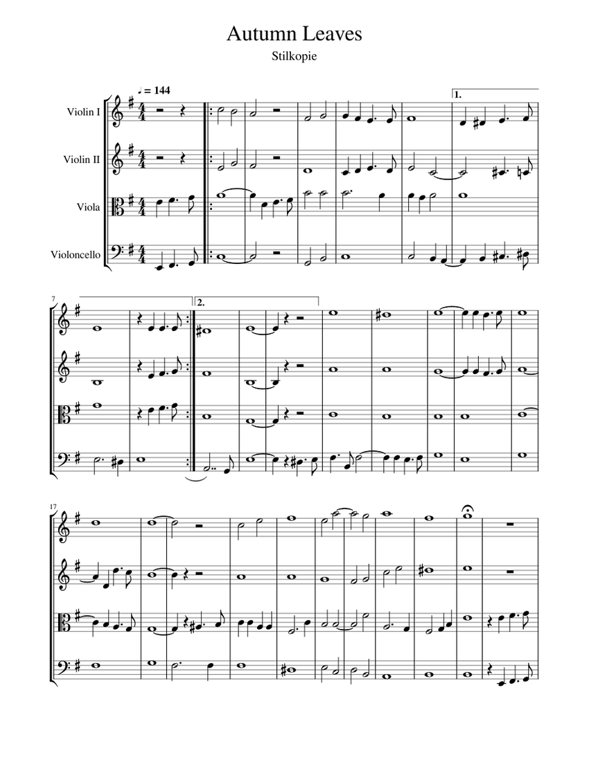 Autumn Leaves Sheet Music for Violin, Viola, Cello (String Quartet ...