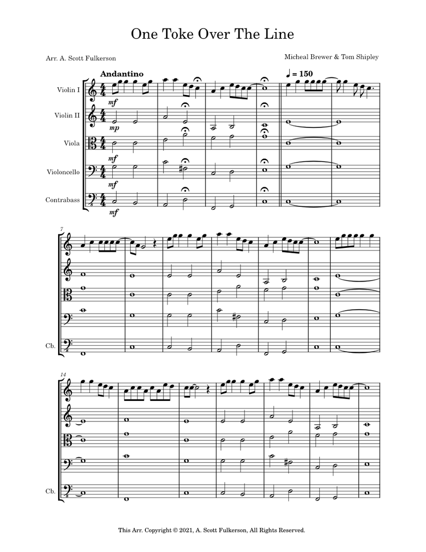 One Toke Over The Line Sheet music for Contrabass, Violin, Viola, Cello ...