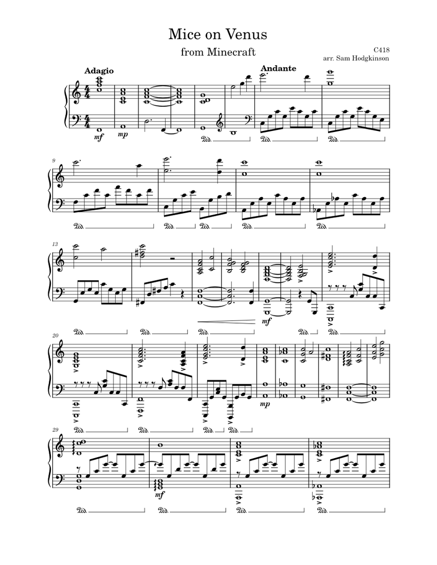 Minecraft | Mice on Venus | Piano Cover Sheet Music for Piano (Solo ...
