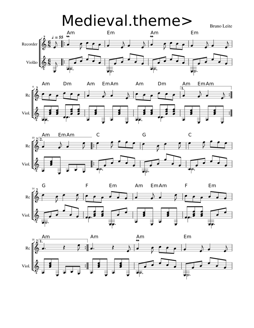 Medieval Theme Sheet Music with Chords for Piano, Guitar (Mixed Duet ...