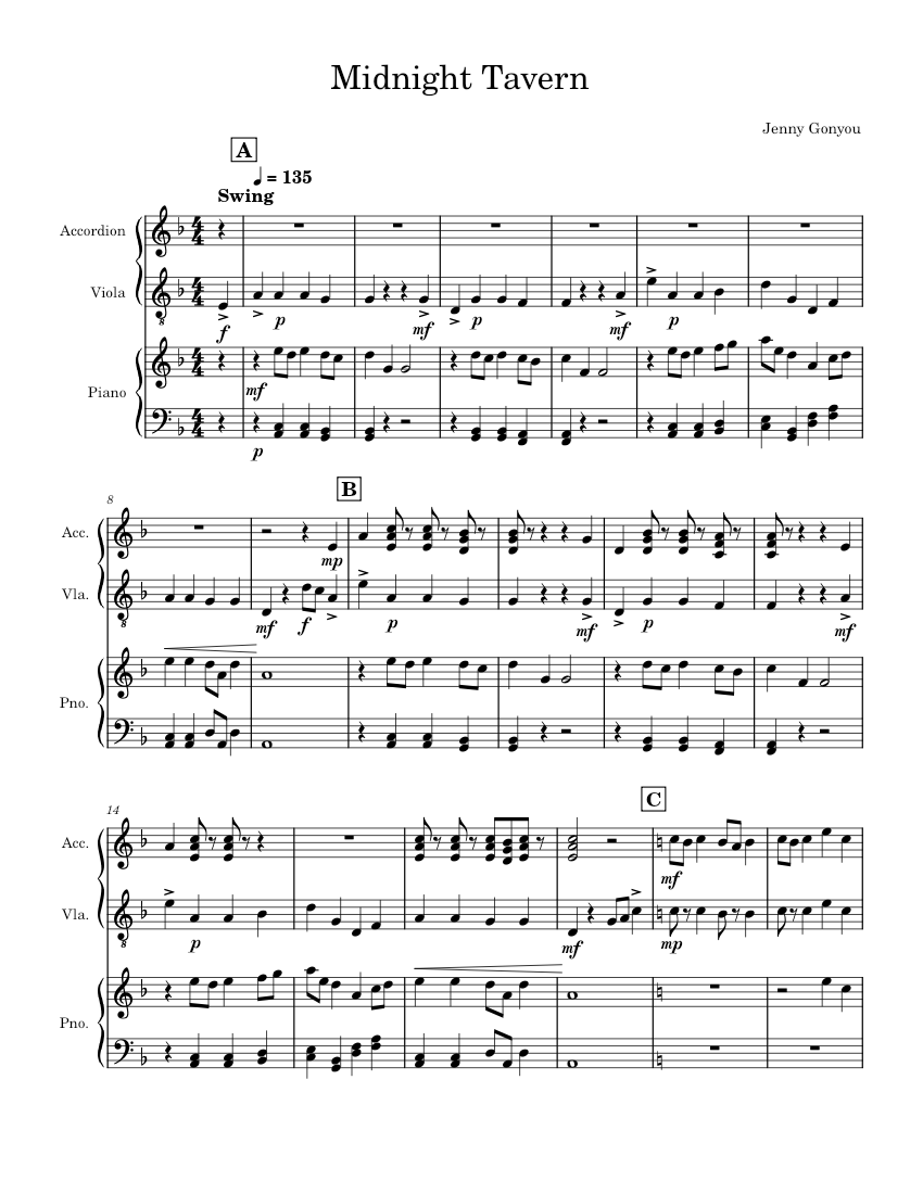 Midnight Tavern Sheet music for Piano, Accordion, Viola (Mixed Trio) | Musescore.com