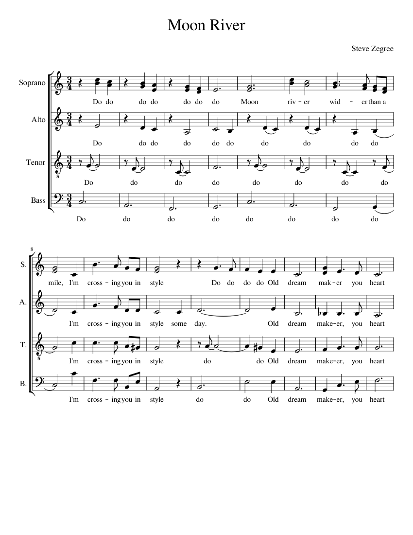Moon River Sheet Music for Soprano, Alto, Tenor, Bass voice (Choral ...
