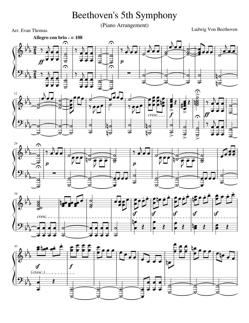 Beethoven's_5th_Symphony 1st Movement Sheet Music for Piano (Solo ...