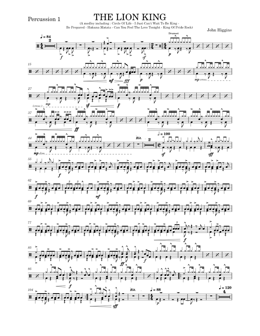 The Lion King John Higgins zenekar-Percussion 1 Sheet Music for Drum ...