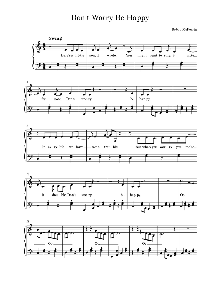 Don't worry, be happy – Bobby McFerrin Sheet Music for Piano (Solo ...